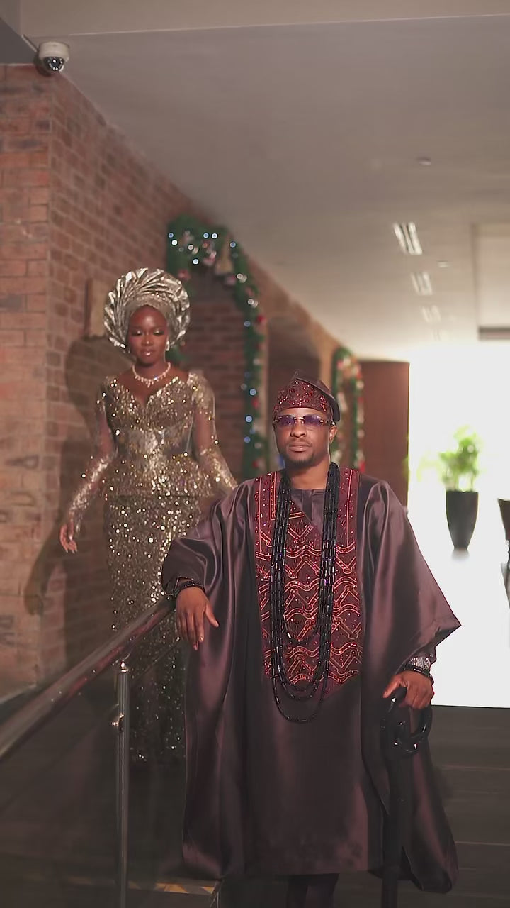 Brown Micado Beaded Embroidered Agbada – David Scott